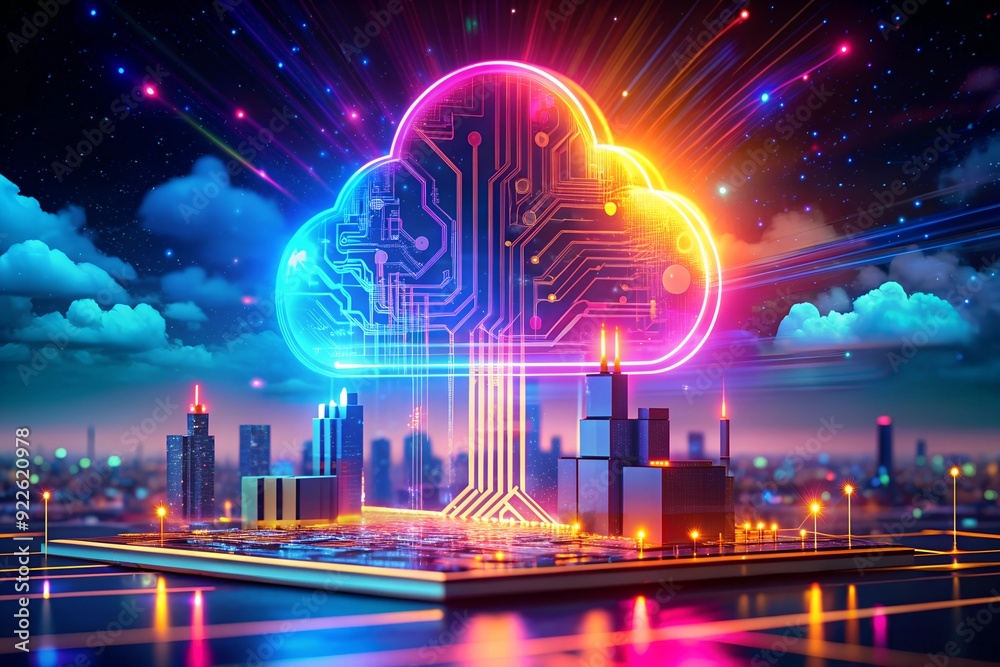Neon cloud with circuit patterns over a futuristic city, symbolizing ...