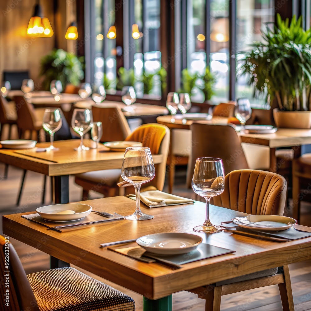 Empty restaurant table set for dining in modern interior with natural ...