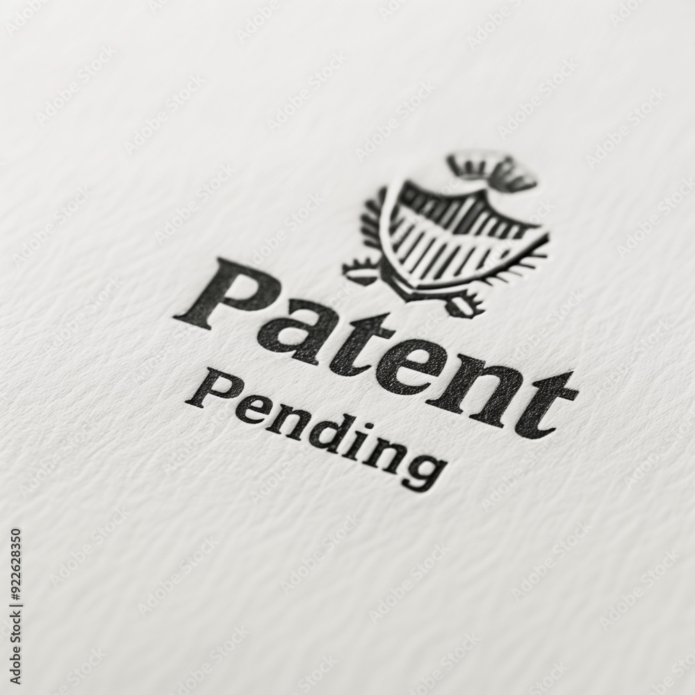 A sophisticated black stamp imprint with the words "Patent Pending" in ...