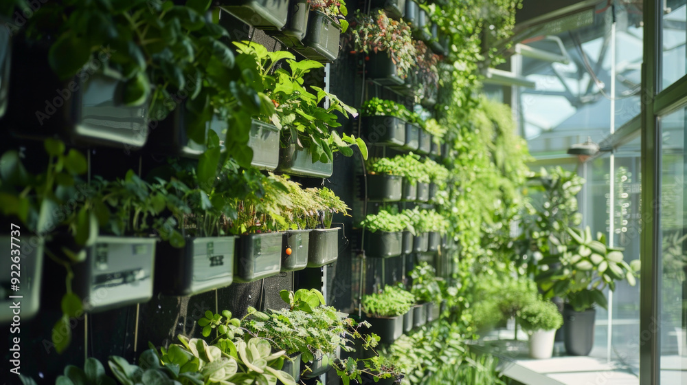 Innovative vertical farming setup showcasing various herbs and plants ...