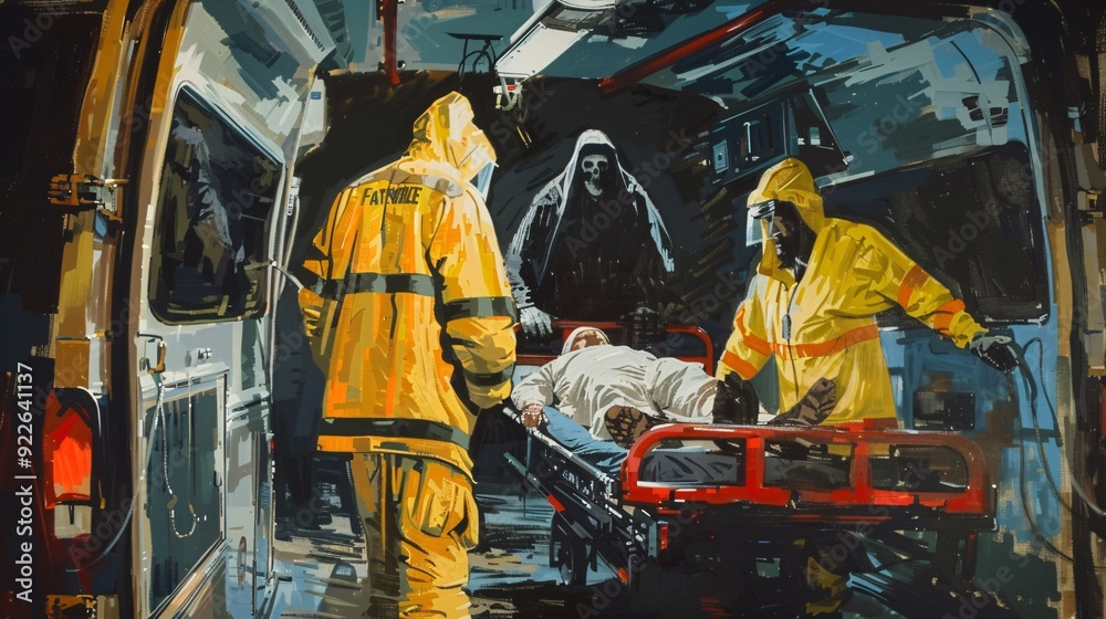 Inside a tense ambulance, paramedics work frantically on a patient ...
