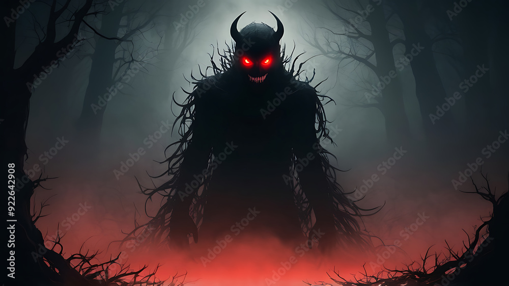 evil demon head on a dark background, mysterious monster with glowing ...