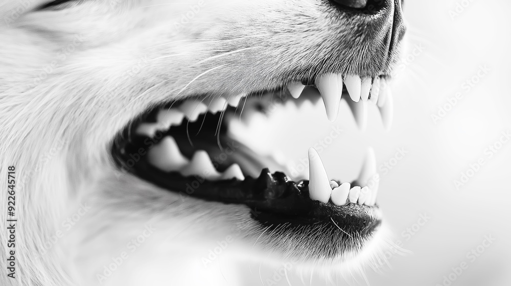 Intense close-up of a large dog s sharp, gleaming white teeth, bared in ...