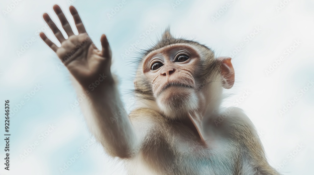 Curious monkey reaching out to touch the camera lens with a curious ...