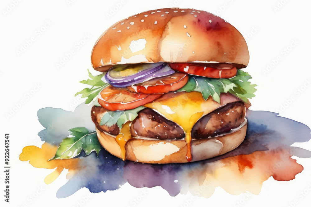 Burger hand drawn in artistic watercolor technique. For National ...