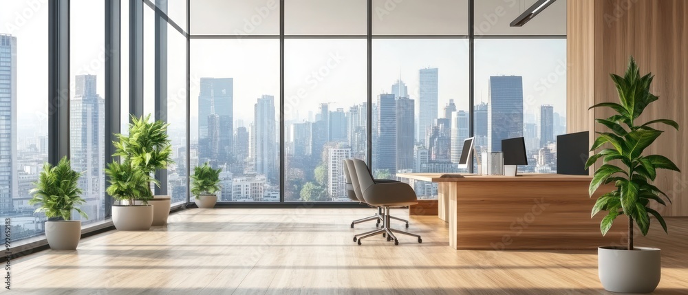 Modern office with wooden furniture, minimalist design, city view ...
