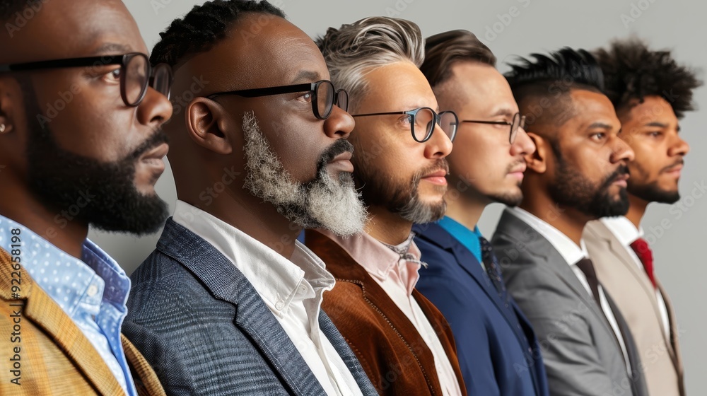 Six men stand side by side, showcasing individual styles through suits ...