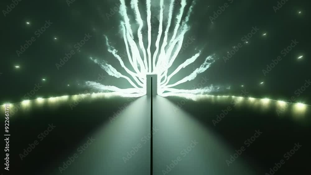An abstract light installation featuring converging linear light ...