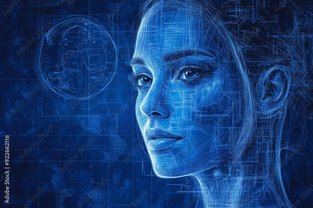 Digital Illustration of a Female Figure in Technical Blueprint Style ...