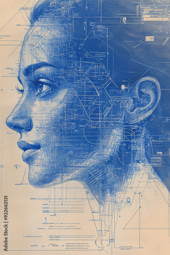 Digital Illustration of a Female Figure in Technical Blueprint Style ...