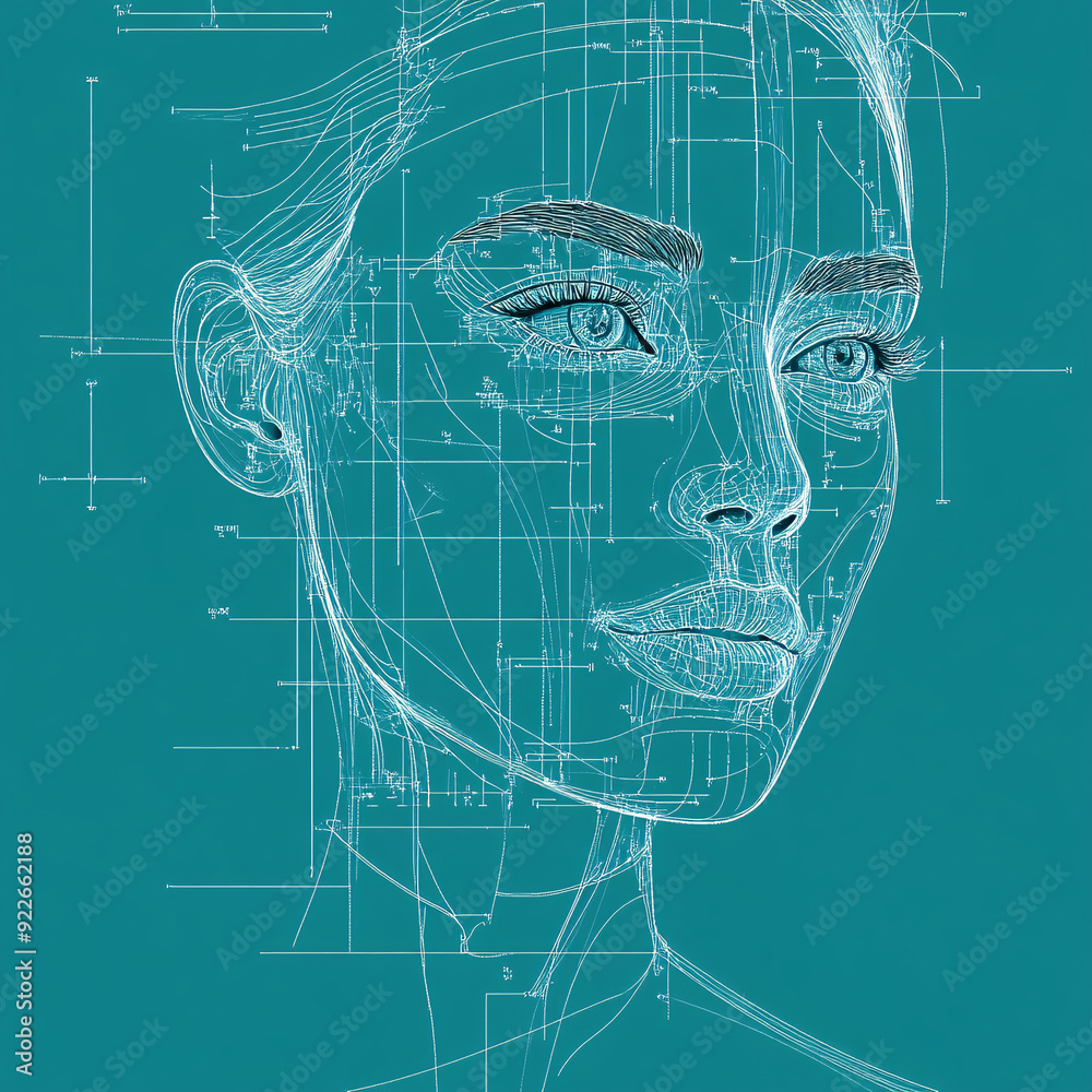 Digital Illustration of a Female Figure in Technical Blueprint Style ...