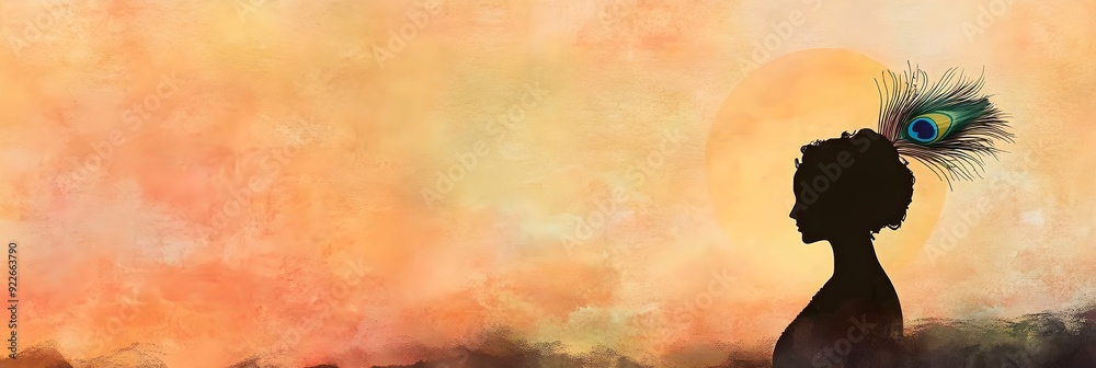 Silhouette of Hindu god Lord Krishna with peacock feather on sunset ...