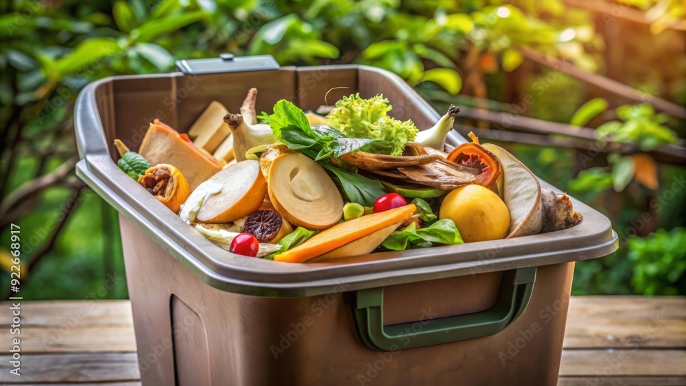 Contenedor de residuos orgánicos lleno de sobras de alimentos y ...