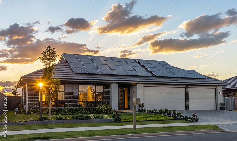 Suburban house with sunset light on bricks and solar panels installed ...