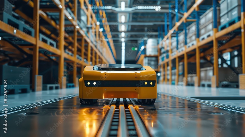 A yellow automated guided vehicle (AGV) moving on a track in a ...