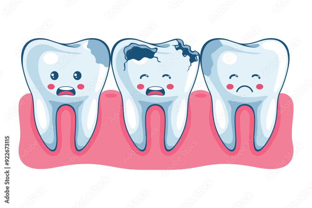 Sad rotten and decayed teeth cartoon character. Prevention and ...