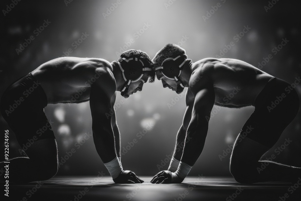 Two wrestlers in position, faces close, on a wrestling mat, ready to ...