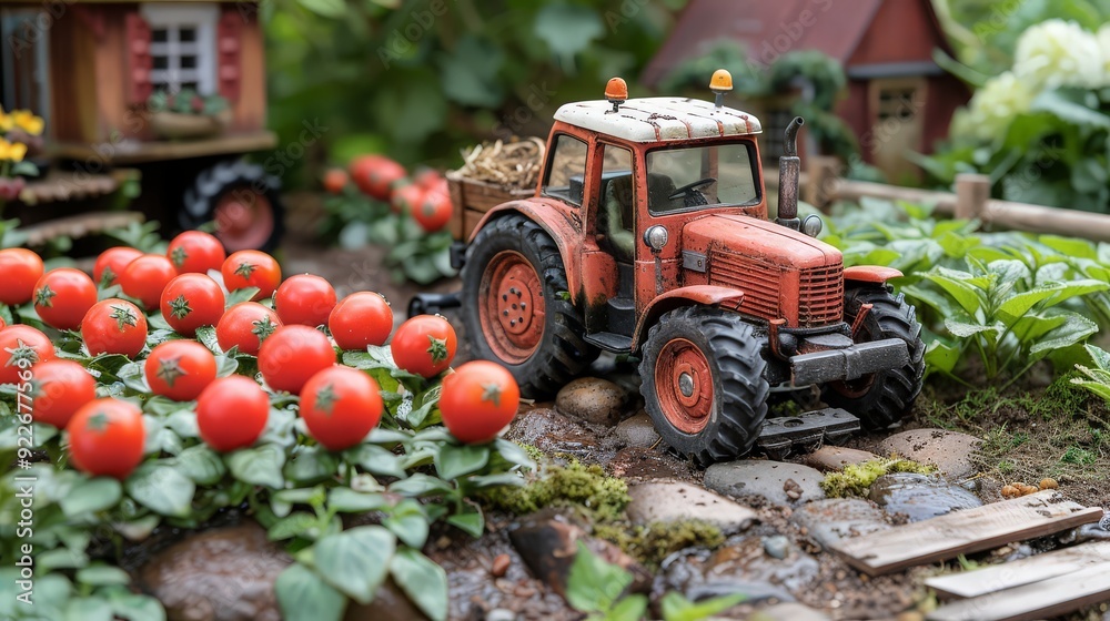 3d Farm with tractor and crops isolated. Tractor harvesting on piece of ...