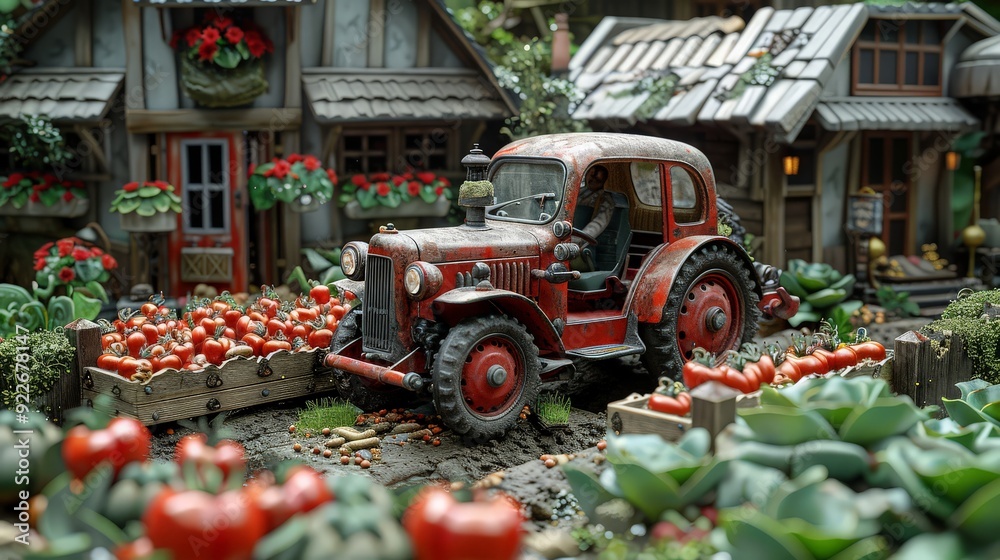 3d Farm with tractor and crops isolated. Tractor harvesting on piece of ...