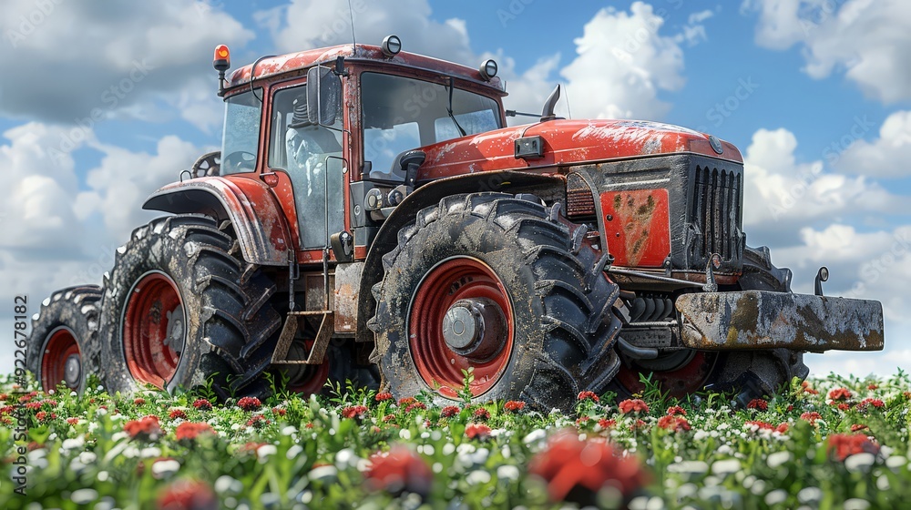 3d Farm with tractor and crops isolated. Tractor harvesting on piece of ...