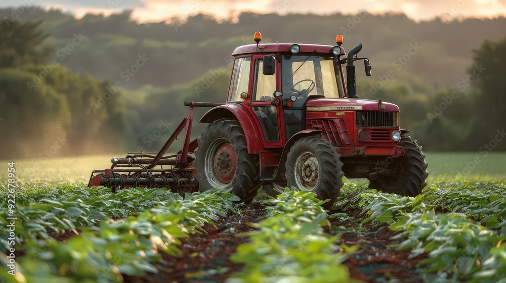 3d Farm with tractor and crops isolated. Tractor harvesting on piece of ...