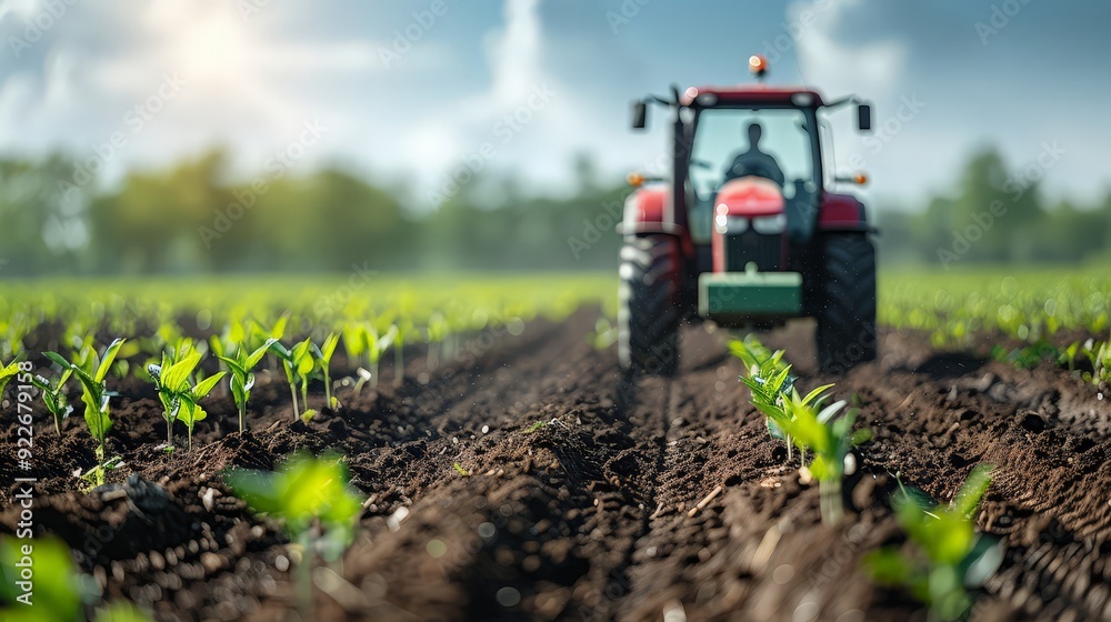 3d Farm with tractor and crops isolated. Tractor harvesting on piece of ...