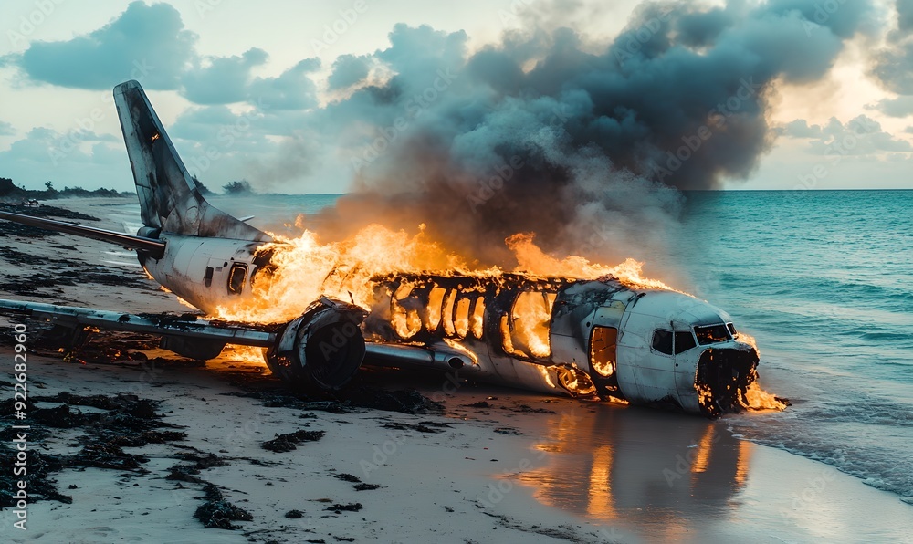 Burning airplane wreckage on the beach. Aviation disaster and air ...