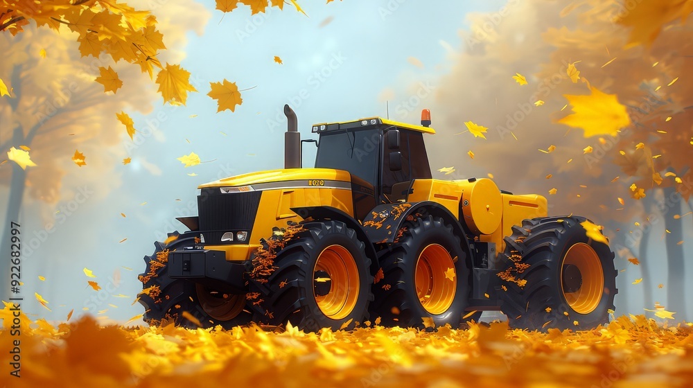 3d Farm with tractor and crops isolated. Tractor harvesting on piece of ...