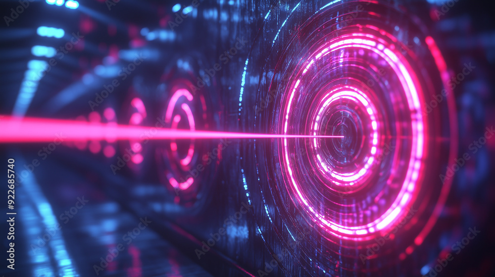 Pink laser beam pointing the center of a futuristic glowing target ...
