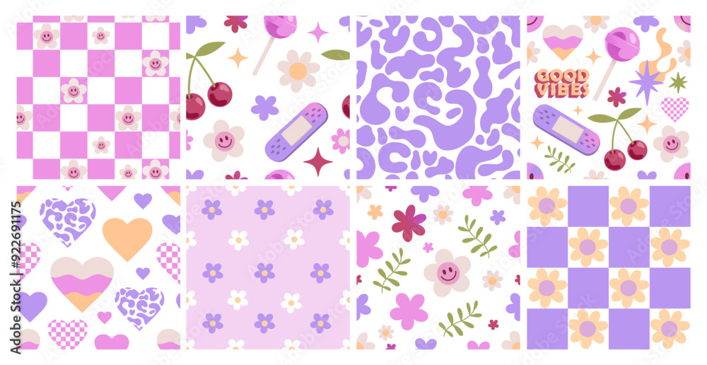 Y2k seamless patterns with daisy, wave, chess, mesh, smile, leopard ...