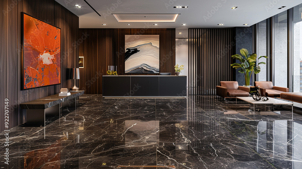 A modern office entrance hall with dark veined marble floors, striking ...