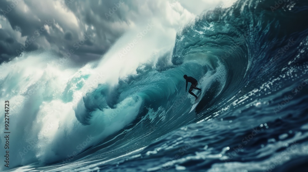 Surfer riding a colossal wave, showcasing incredible skill and balance ...