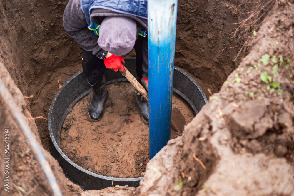 A worker installs a water intake unit in a well. Installation of the ...