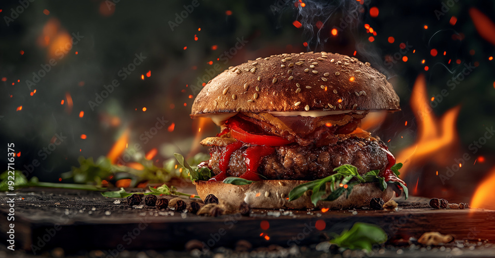 Food photography of a double cheeseburger with bacon, depicted in a ...