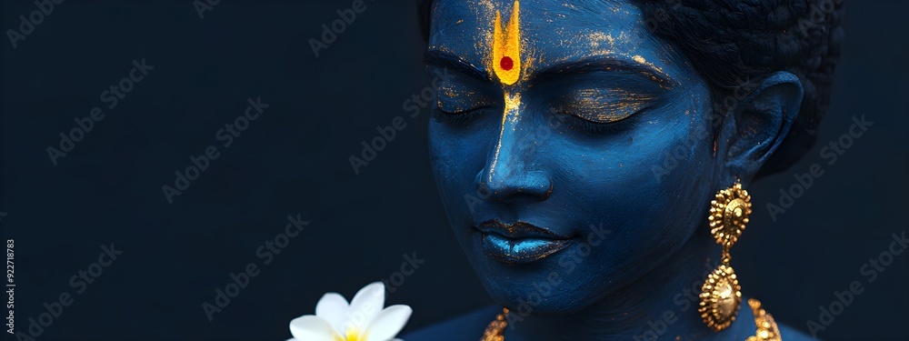 Closeup portrait of Hindu god Lord Krishna with blue skin and beautiful ...