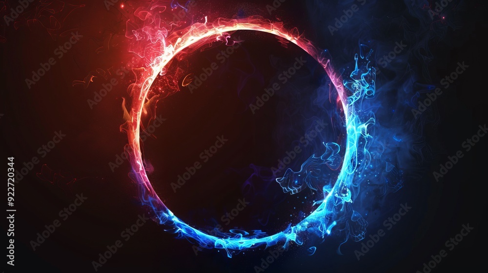 Red and blue neon glow ring with fire flame, particles and smoke on ...