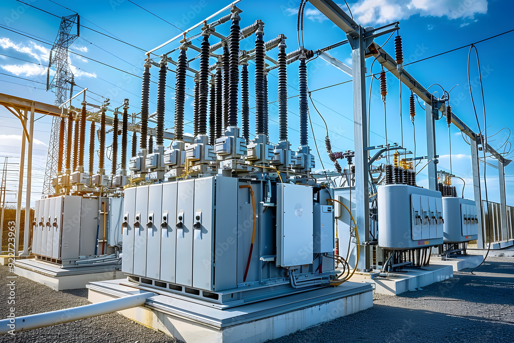 High voltage power transformer at an electric substation with blue sky ...