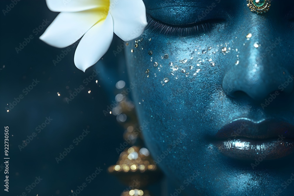 Closeup portrait of Hindu god Lord Krishna with blue skin and beautiful ...