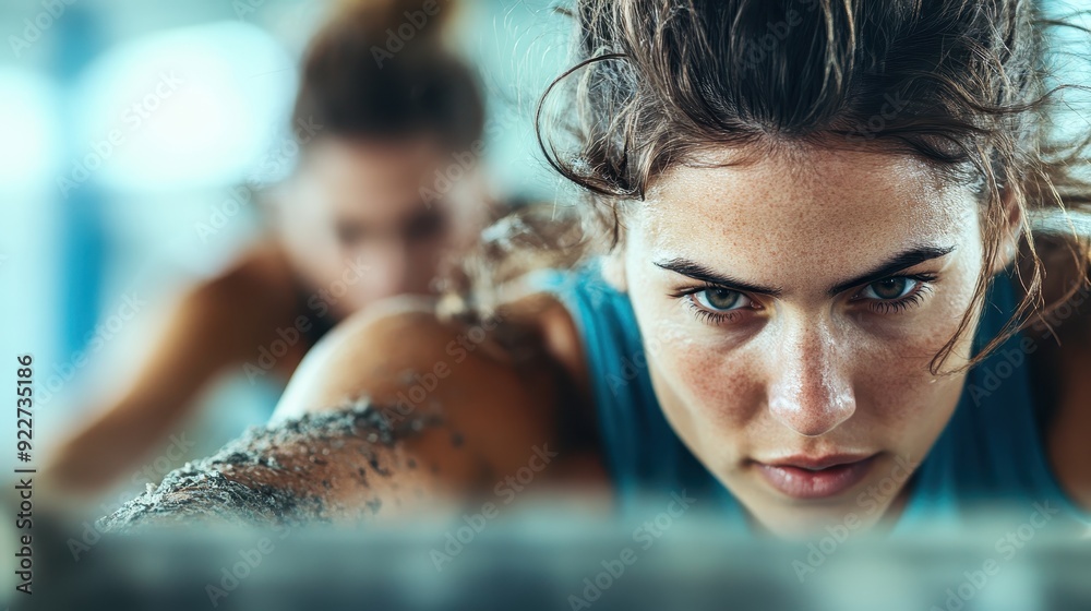 An intense moment of exercise captured in a close-up of a focused woman ...