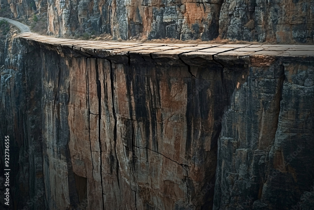 Cracked wooden path clinging to a towering cliff, showcasing the rugged ...