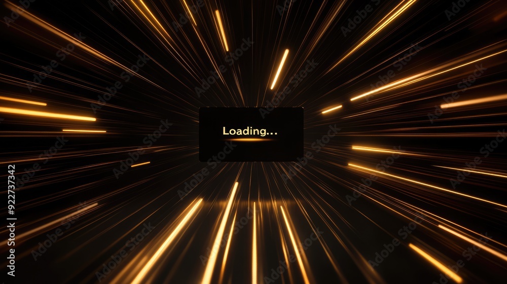 Loading word on black digital technology background. Golden lines on ...