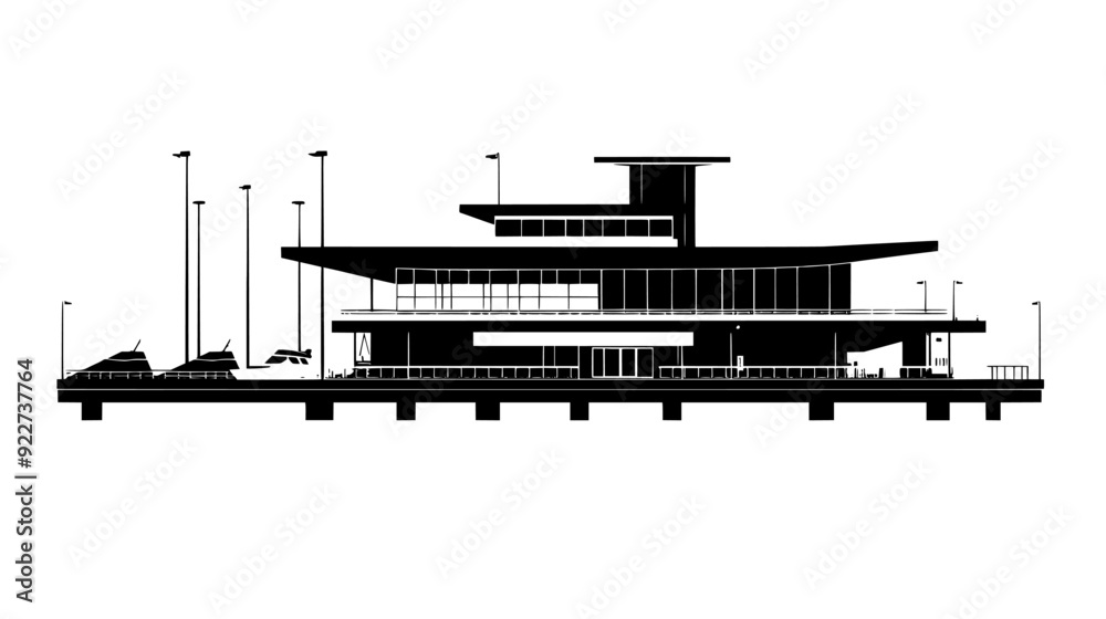 Ferry terminal with docking areas, main building, and visible loading ...