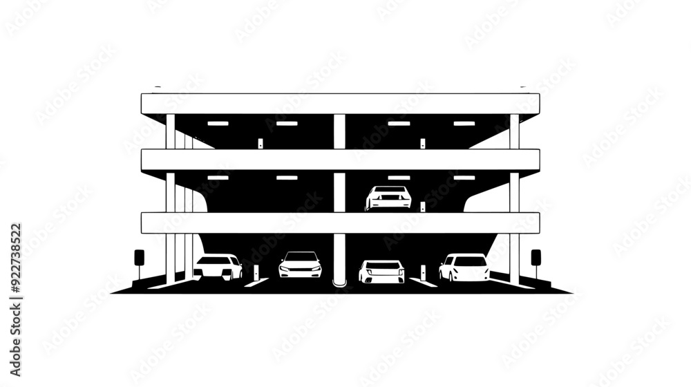 Multi-level parking structure with clearly defined entry and exit ramps ...