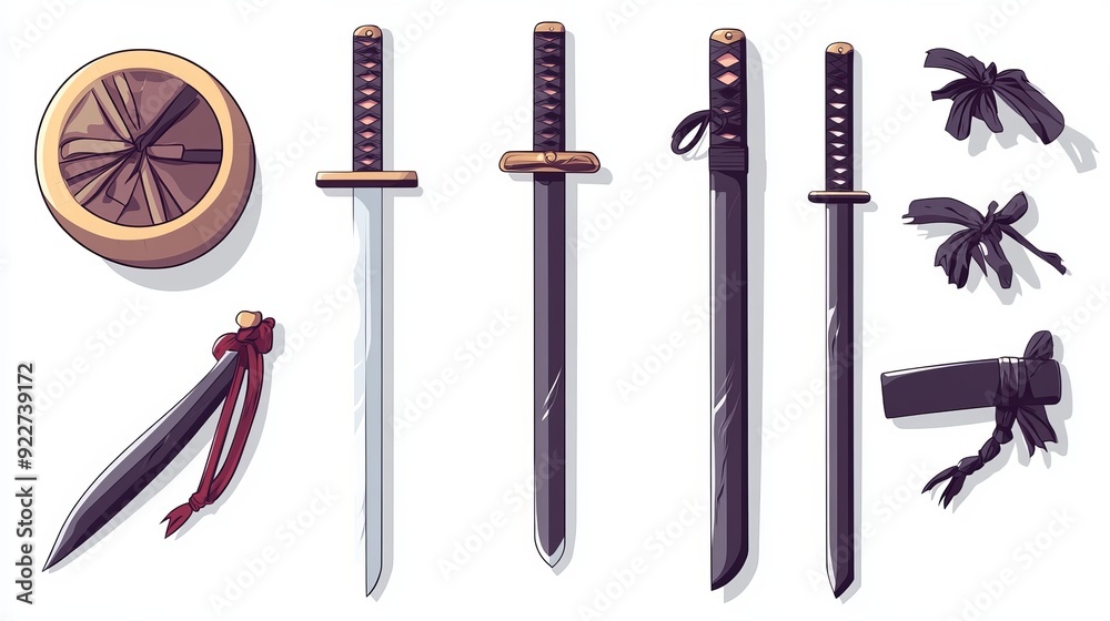 Cartoon Style Vector Set Of Ninja Weapons Including A Sword Sai