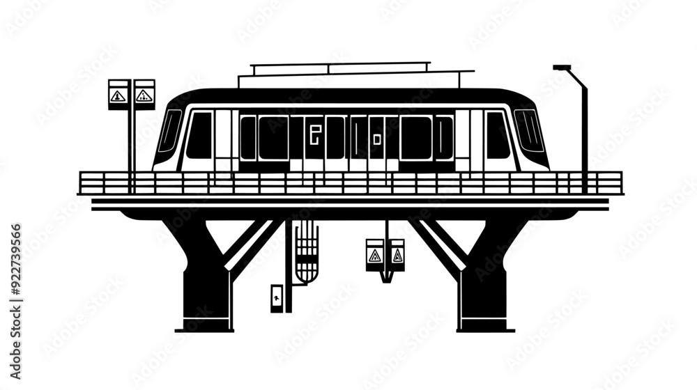 An elevated monorail station with platform, overhead track, protective ...