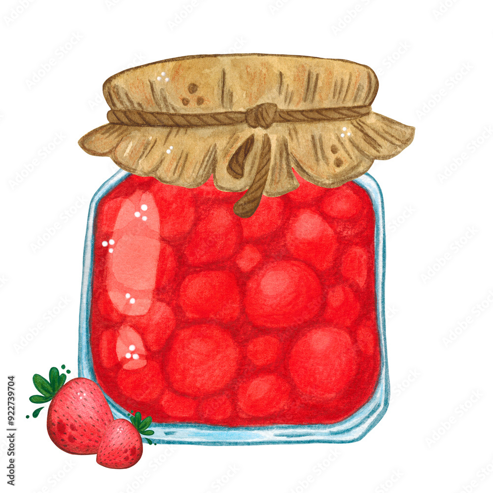 Glass jar with strawberry jam. Watercolor illustration hand drawn in a ...