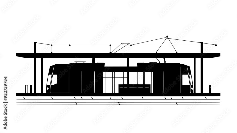 Urban tram system with overhead wires, tracks in the roadway, and ...