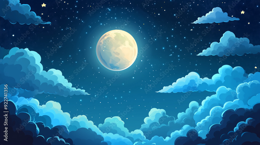 cartoon illustration of the moon shining in a starry night sky ...