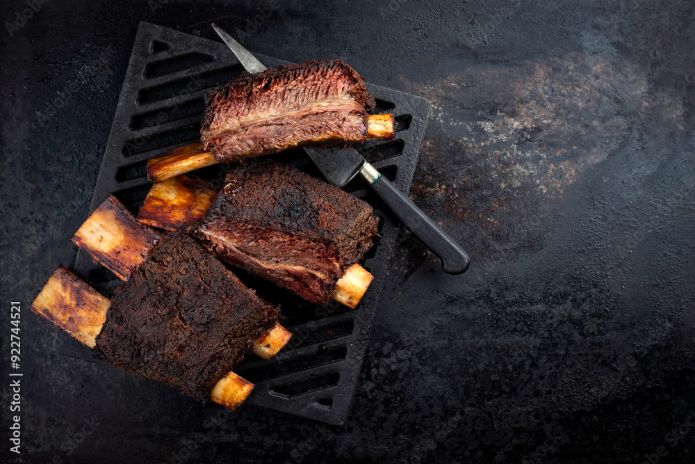 Traditional barbecue burnt chuck beef ribs marinated with spicy rub and ...