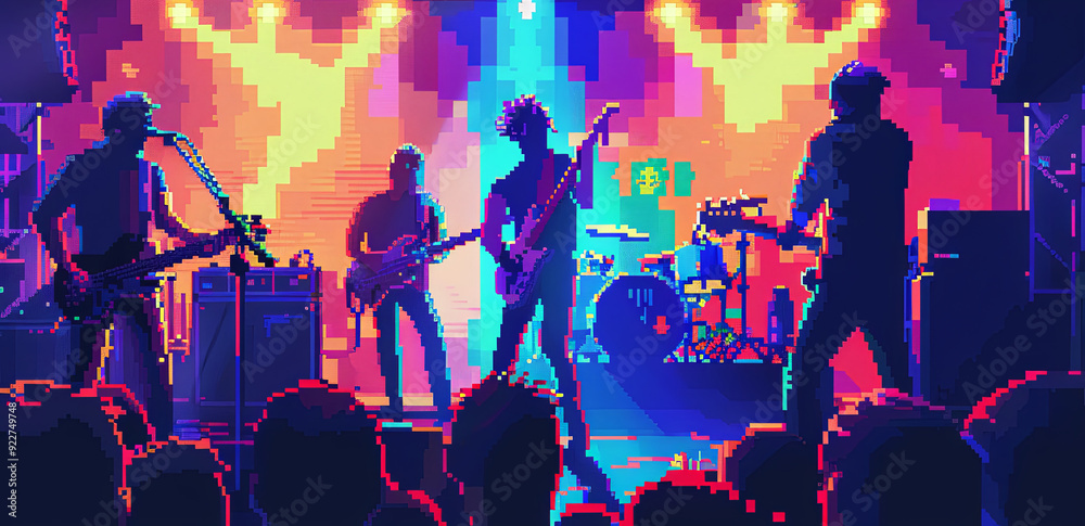 Retro-inspired 8-bit pixel art of a rock band performing on stage with ...
